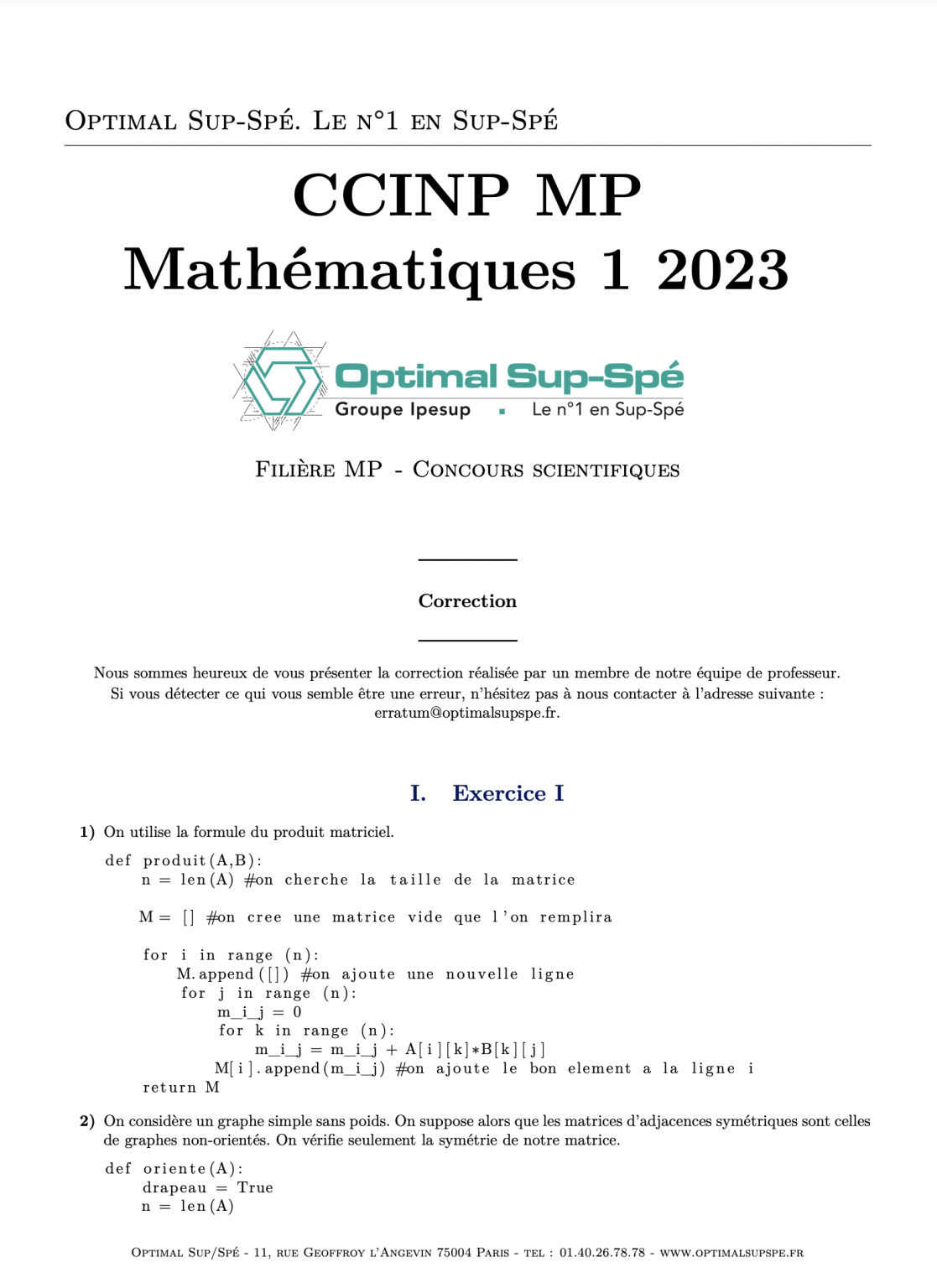 Correction sujet Maths 1 MP CCINP 2023