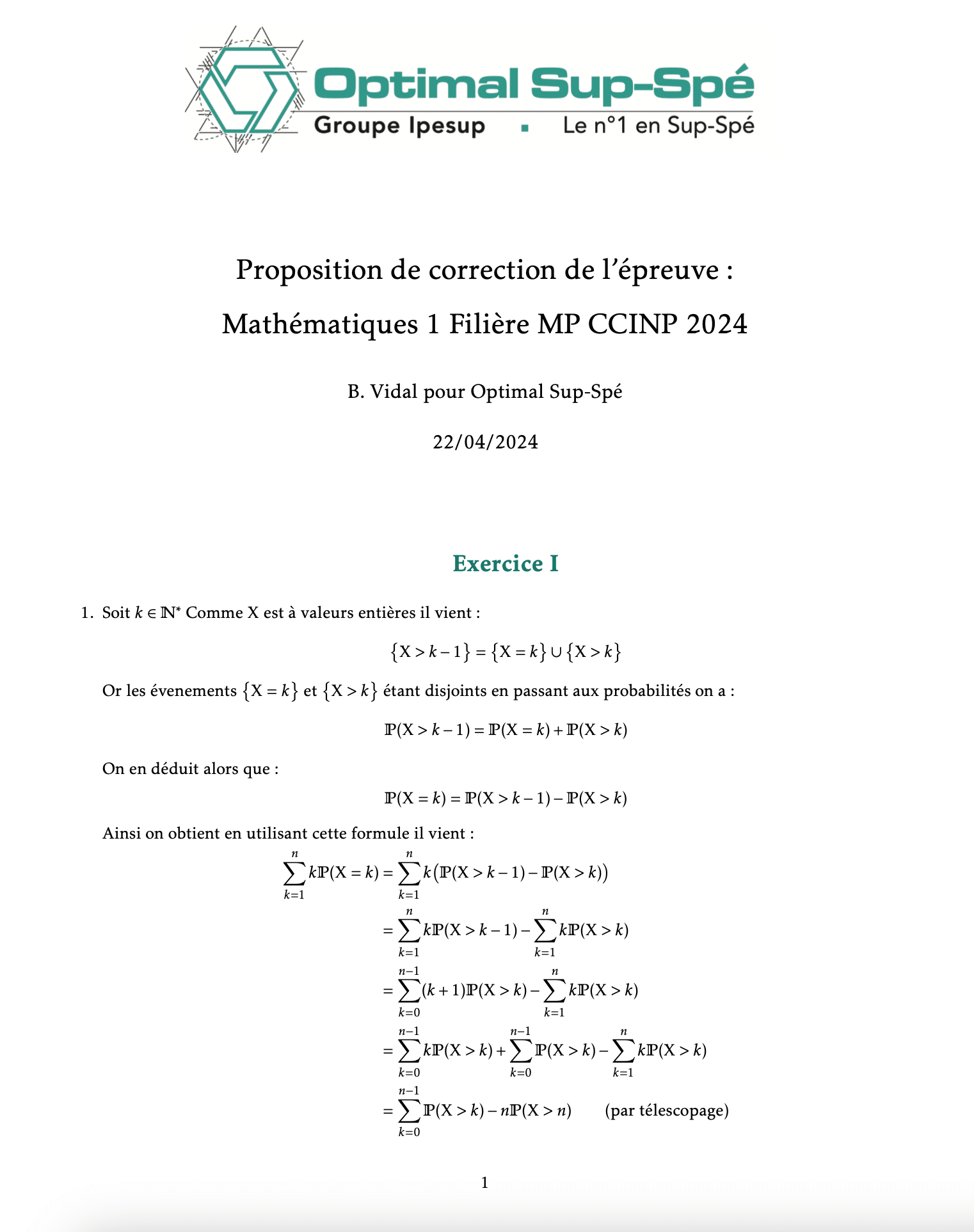 Correction sujet Maths 1 MP CCINP 2024