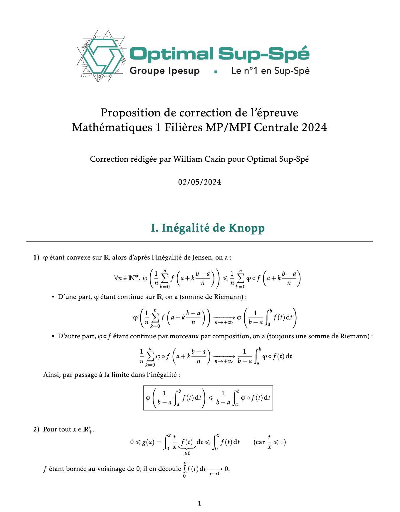 Correction sujet Centrale Maths 1 MP 2024